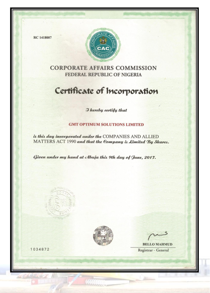 Cac Certificate – GMT Optimum Solutions Limited